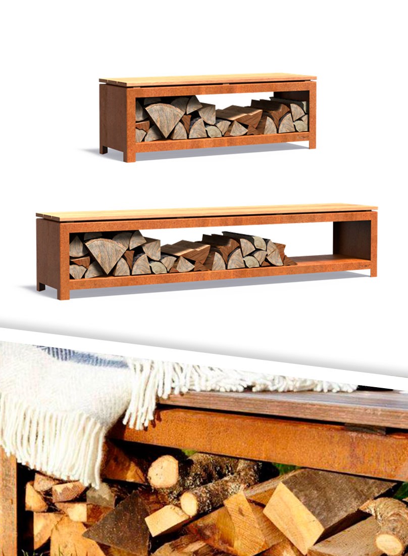 Banc range bûches en acier Corten